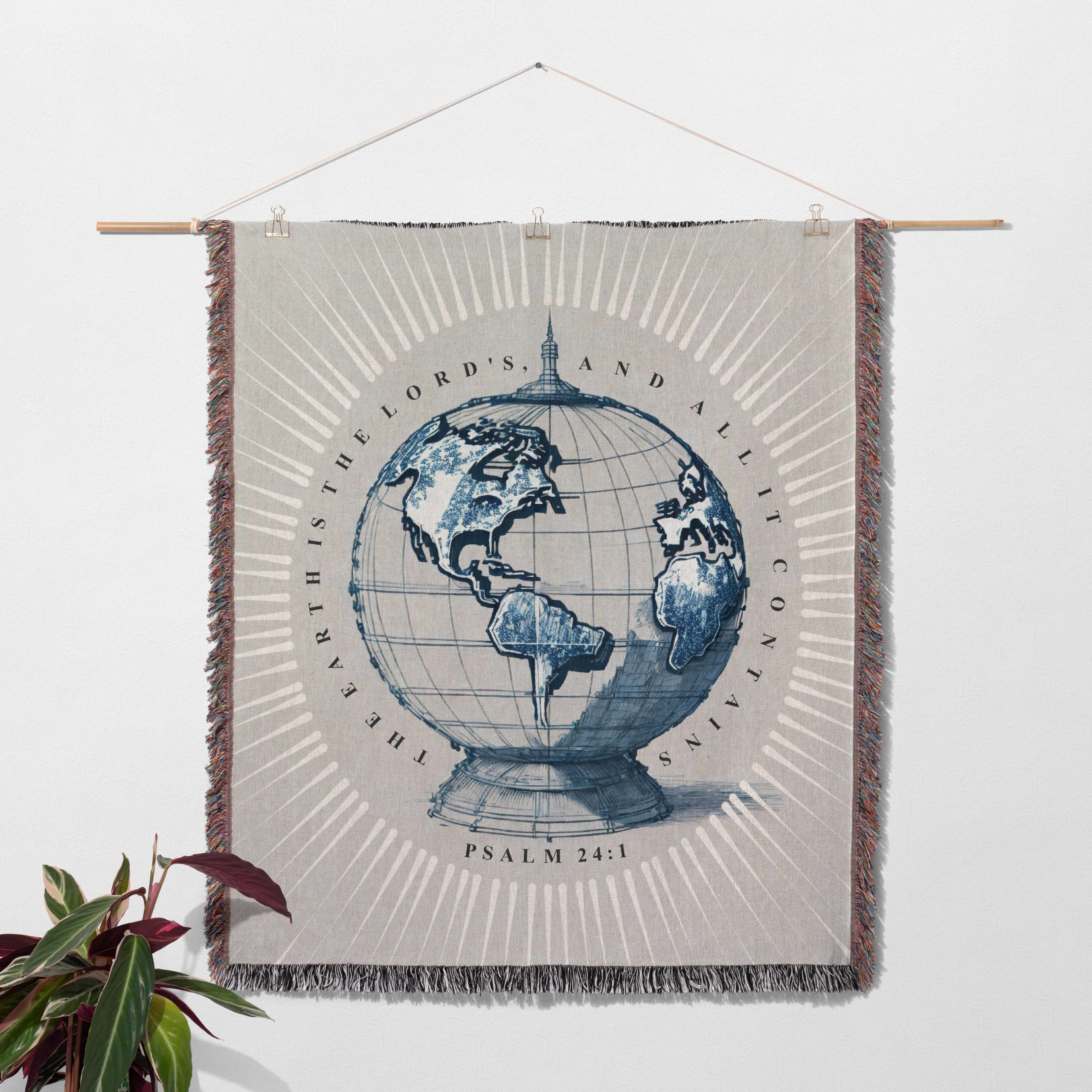Bible Blanket, Psalm 24:1, The Earth Is Yours, Globe, Sketch, Woven ...